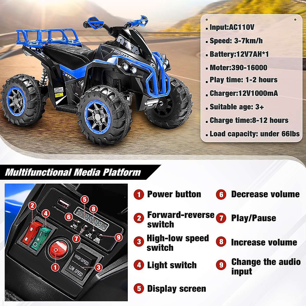Soar Four Wheeler for Kids - Electirc Toddler 4 Wheeler for Kids 3-6, Ride on ATV 12v Battery Powered, Kids Quad with LED Lights, Music, High Low Speed, USB/TF, Treaded Tires, Blue