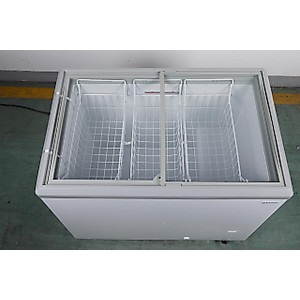 NAFCOOL 12.4 Cu.Ft Commercial Chest Freezer with LED Light,Temp Rang -8°F and 0°F,Glass Top Display Chest Freezer with 6 Removable Wire Baskets,Sliding Lids, Lock,Caster Wheels, White