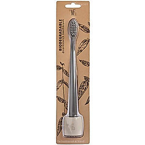 The Natural Family Co. Bio Toothbrush and Stand, Soft Nylon Bristles with Non GMO Cornstarch Handles, Plastic Free Packaging and Monsoon Mist
