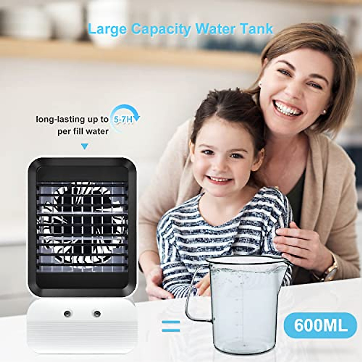 aceyoon Portable Air Conditioner Fan, Evaporative Personal Air Cooler for Small Space, Desktop Mini USB Cooling Fan Humidifier with 3 Speeds and 7 Colors LED Light for Home, Office, Dorm, Camping