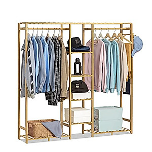 MoNiBloom Bamboo Clothes Rack with Double Rods and Storage Shelves Free Standing Open Wardrobe Rack for Hanging Clothes and Storage for Bedroom Living Room, Natural