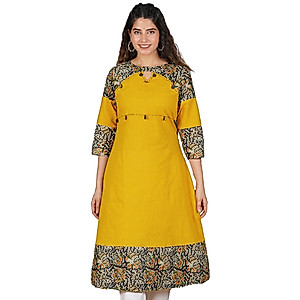 Yash Gallery Women's Cotton Blend Kalamkari Print A-Line Kurtis (Mustard Yellow)