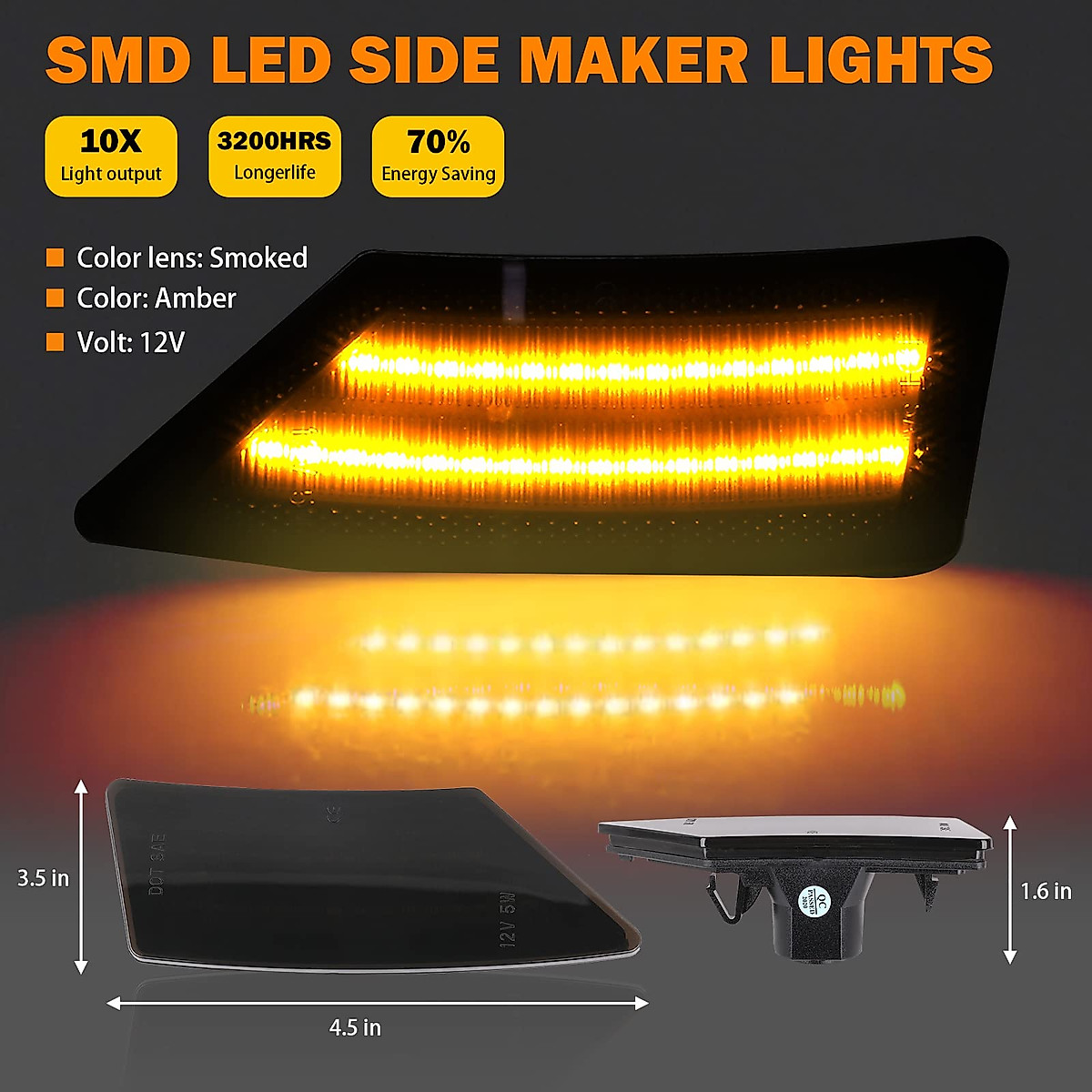 LED Side Marker Lights for Ford Ranger Lariat XL XLT 2019 2020 2021 2022 Ranger Smoked Lens Black Side Markers Fender Lamp Full Amber LED Strip Front Bumper Side Marker Turn Signals Side Light Lamps