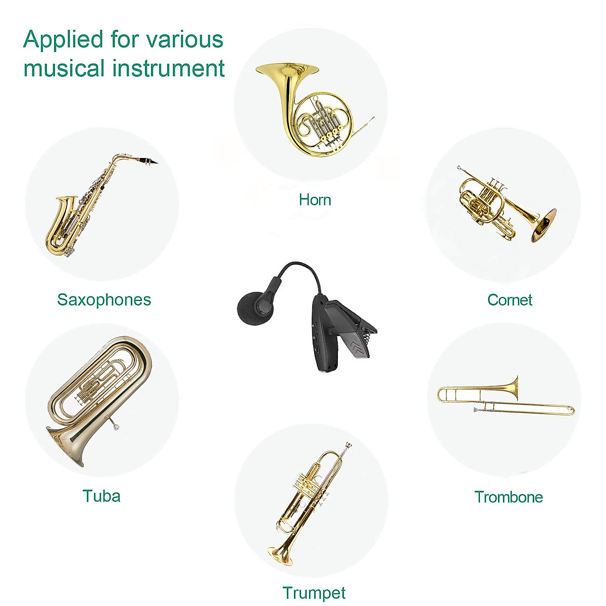 Wireless Instrument Microphone,UHF Clip Condenser Mic,for Horns,Trumpets,Clarinets, Saxophones, Cello, Computer, Phone, Speakers, Voice Amplifier 131ft Range, 1/8 and 1/4'' Port