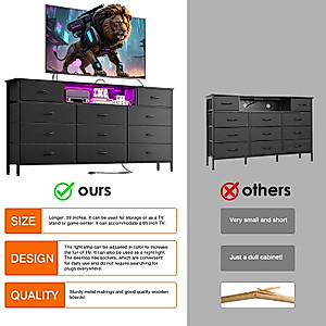 Fixwal Long Dresser for Bedroom with Charging Station and LED Lights, Black Dresser TV Stand with 11 Drawers, Fabric Chest of Drawers with PU Finish for Bedroom, Living Room, Entryway