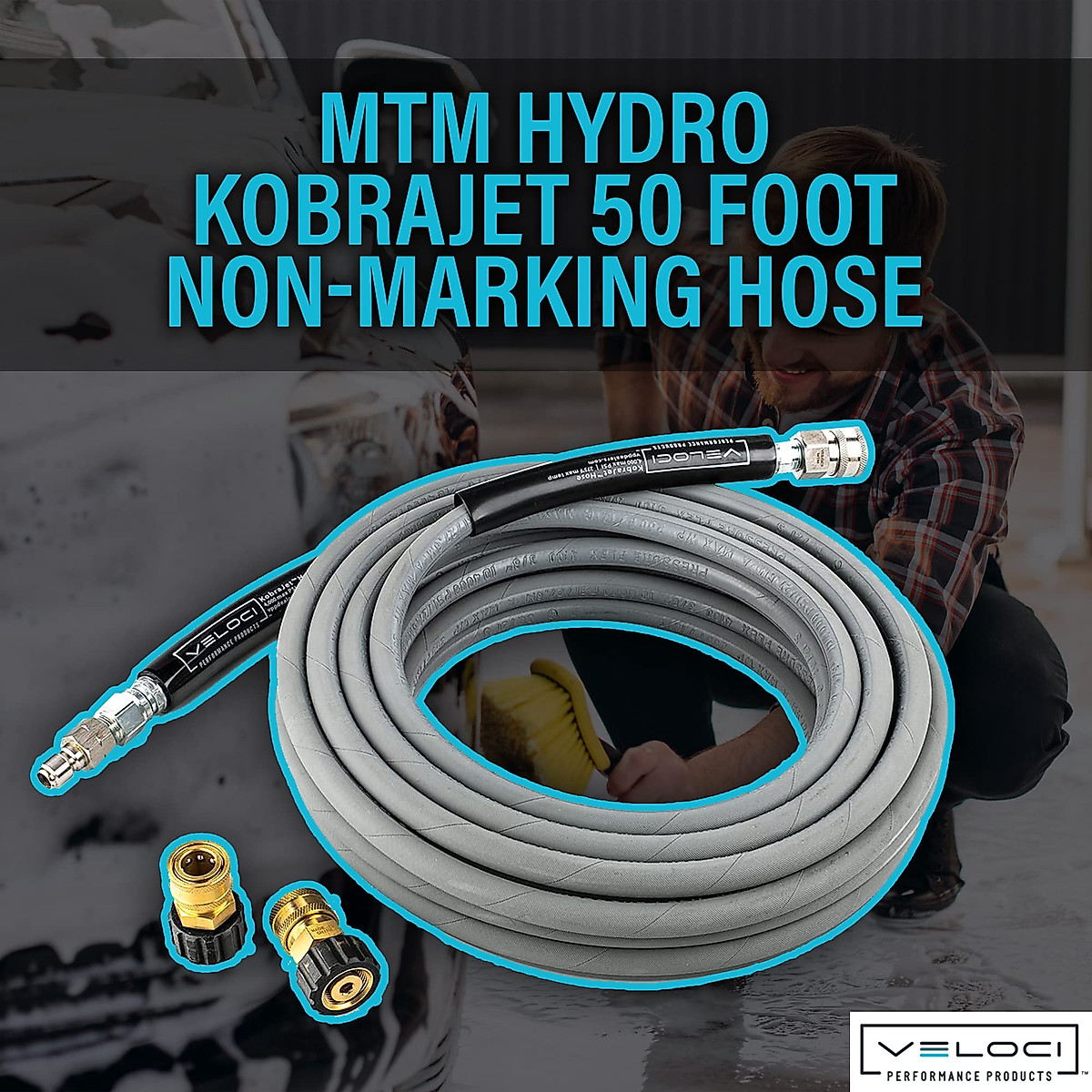 MTM Hydro Kobrajet High Pressure Washer Hose Kit 3/8” 4000 PSI 50’ for Car Wash and Detailing with M22 Couplings and Quick Connects, Pressure Washer Accessories, Non-Marking Gray