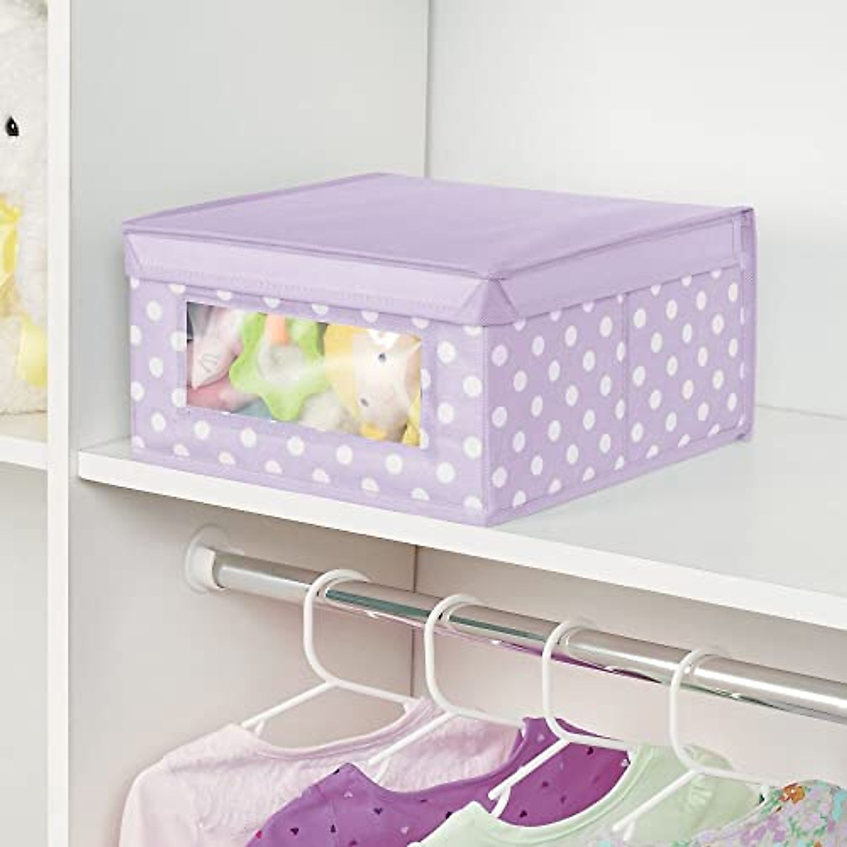 mDesign Medium Soft Stackable Fabric Baby Nursery Storage Organizer Holder Bin Box with Front Window and Lid for Child/Kids Bedroom, Playroom, Classroom - 4 Pack, Light Wisteria Purple/White Polka Dot
