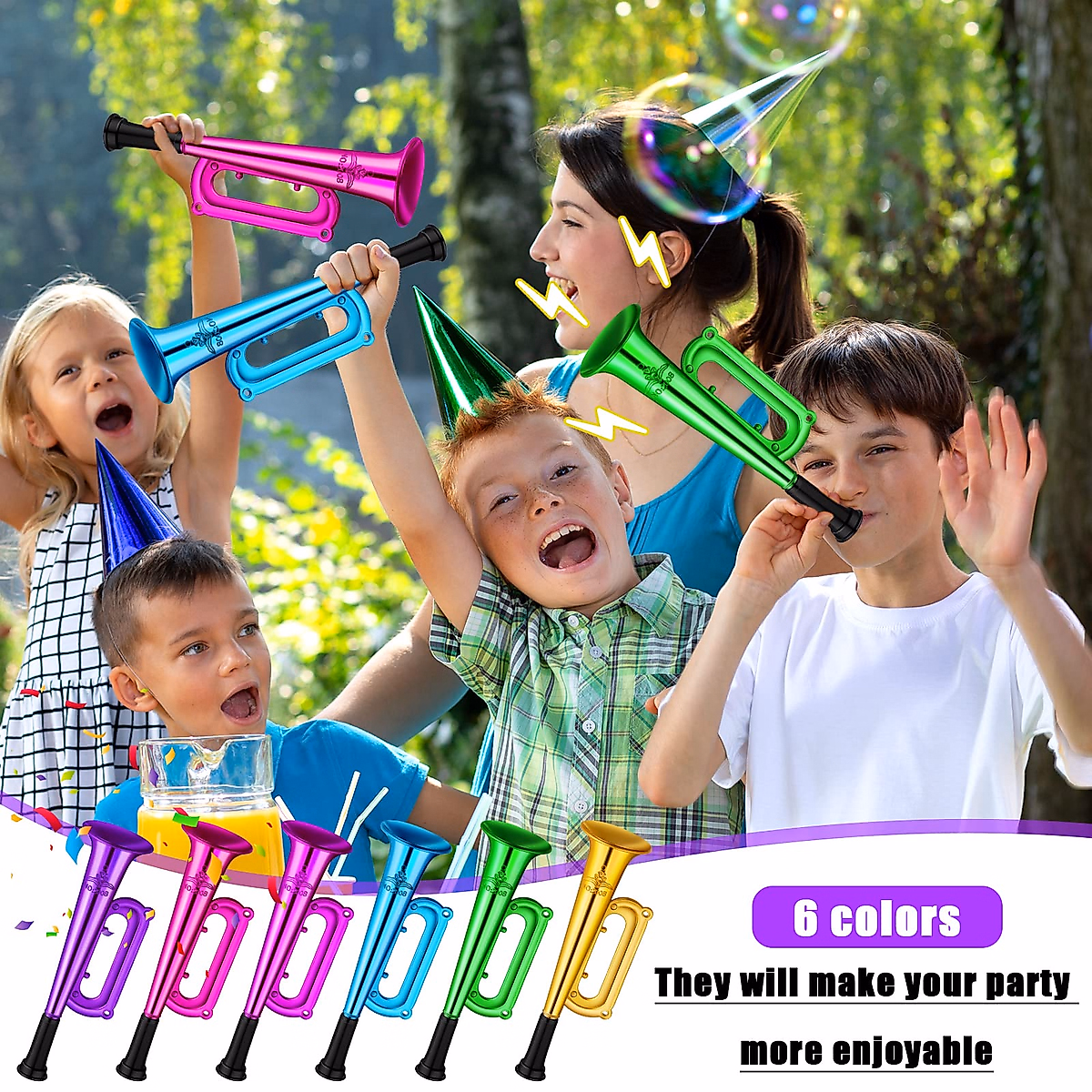 36 Pcs Plastic Trumpet Kids Noise Toys Play Metallic Trumpet Mini Shiny Blow Horn Trumpet Noise Makers Toy Plastic Colors Musical Instruments for New Year Birthday Graduation Party Favors, 6 Inch