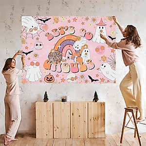 Mocsicka Halloween Bachelorette Party Backdrop Let's Go Ghouls Bridal Shower Party Decorations Retro Groovy Hippie Ghost Boo Wedding Engagement Cake Table Banner (Pink, 8x6ft(96''x72''))