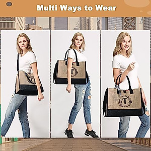 BeeGreen Jute Tote Bag with Makeup Bag - Large Summer Beach Bag with Pocket and Adjustable Strap - Personalized Birthday Gifts for Women, Mom, Teacher, Friends and Her. Embroidery F