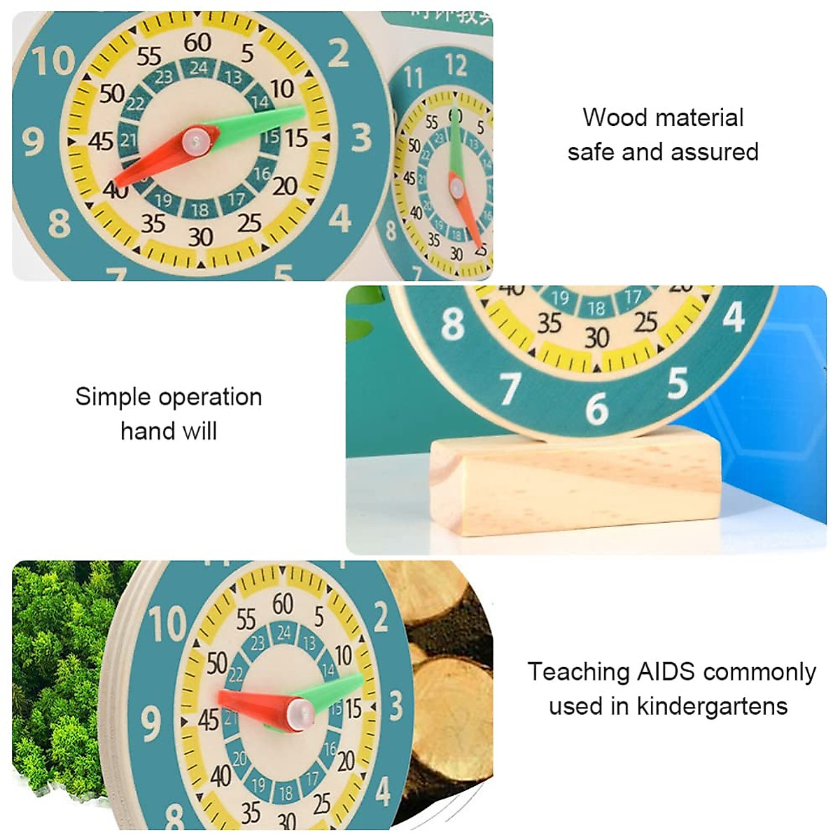 NUOBESTY Wood Number Learning Clock Montessori Teaching Time Clock Toys Early Education Math Wooden Teaching Clock for Classroom Early Learning