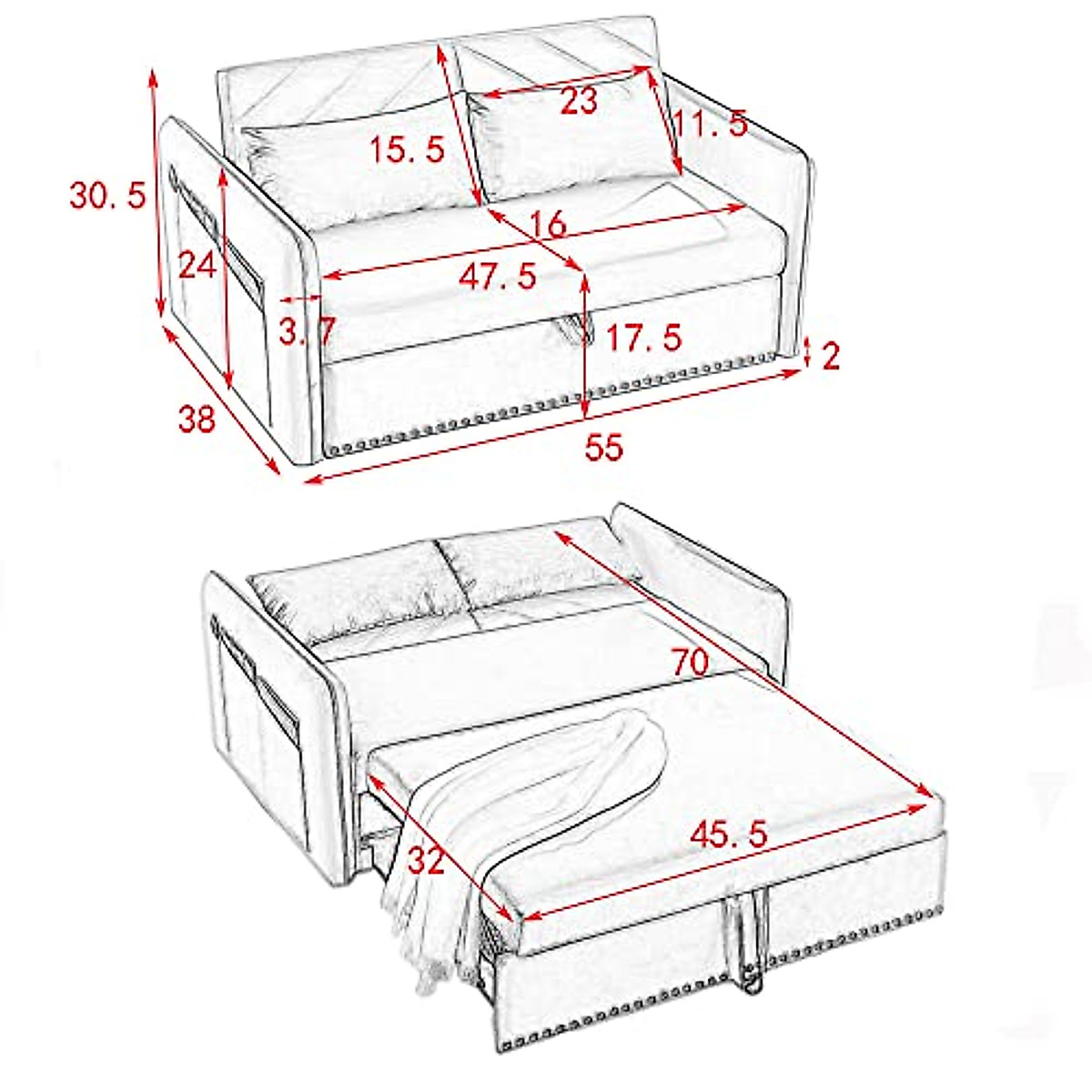 HolakiVelvet Pull Out Sofa Bed Loveseat Sofa Couch with USB Charging Port