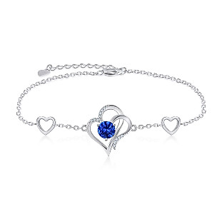 RIVIKO Love Heart Charm Bracelet For Women 925 Sterling Silver With Zirconia Birthstone Bracelets Adjustable Link for Mother Wife Girls Sister Birthday Christmas Mother's Day Jewelry Gift, Sterling