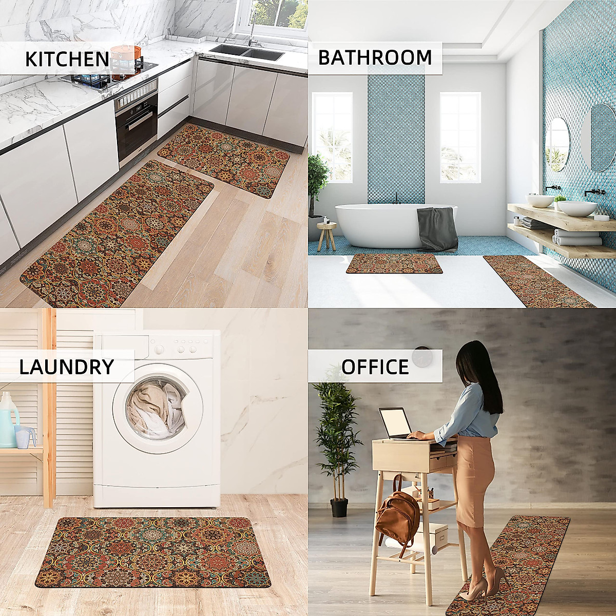 Boho Kitchen Rugs and Mats Sets 2 Cushioned Anti-Fatigue Kitchen Floor Mat Bohemian Retro Style PVC Non-Skid Waterproof Comfort Standing Memory Foam Mat for Sink, Laundry ,17.3" x28" + 17.3" x 47