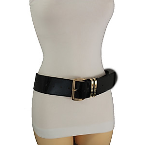 TFJ Women Fashion Wide Belt Faux Leather Metal Buckle Plus Size L XL (Black - patent faux leather)