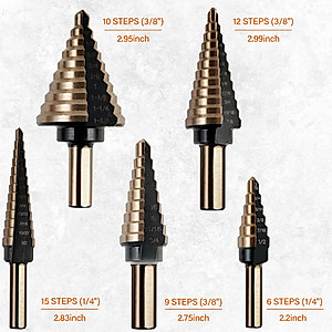 KENDO 5PCS Step Drill Bits with Automatic Center Punch - Black and Gold, High Speed Steel Unibit Step Drill Bit Set, Total 50 Sizes HSS Titanium Step Bits for Metal, DIY Lovers with Aluminum Case
