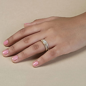 DZON IGI Certified 10k Yellow Gold 1/2 CT TDW Princess & Round Cut Diamond Halo Engagement Ring Set Love Gift for Women(I-J,I2)