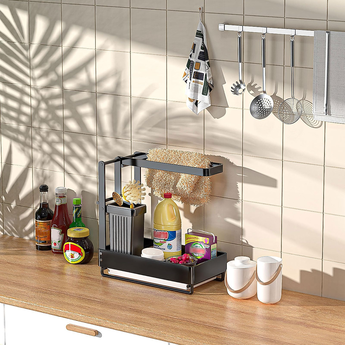 Yawinhe Sponge Holder, Sink Caddy Organizer with Detachable Brush Rack, Kitchen Accessories for Organization, Stainless Steel, Black