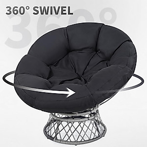 KROFEM 44" Giant Oversized Wicker Papasan Chair with Cushion Teens and Adults, Fluid 360 Swivel, Ideal for Dorm, Bedroom, or Living Room Grey Frame with Black Cushion