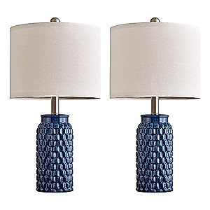 USumkky 20.5 inches Modern Ceramic Dark Blue Bedside Lamp Set of 2 for Bedroom Decor Farmhouse Table Lamp for Living Room Office Dorm