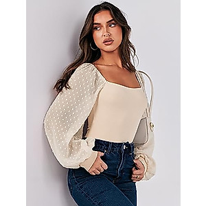 ANRABESS Rompers for Women Sheer Swiss Dot Puff Sleeve Square Neck Bodysuit Fall Casual Long Sleeve Dressy Leotard Top 1071xingse-L