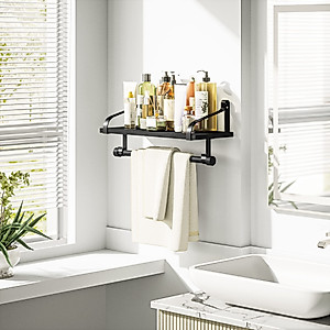 Love-KANKEI Floating Shelf Wall Shelf for Storage Rustic Wood Kitchen Spice Rack with Towel Bar and 8 Removable Hooks for Organize Cooking Utensils or Mugs Black