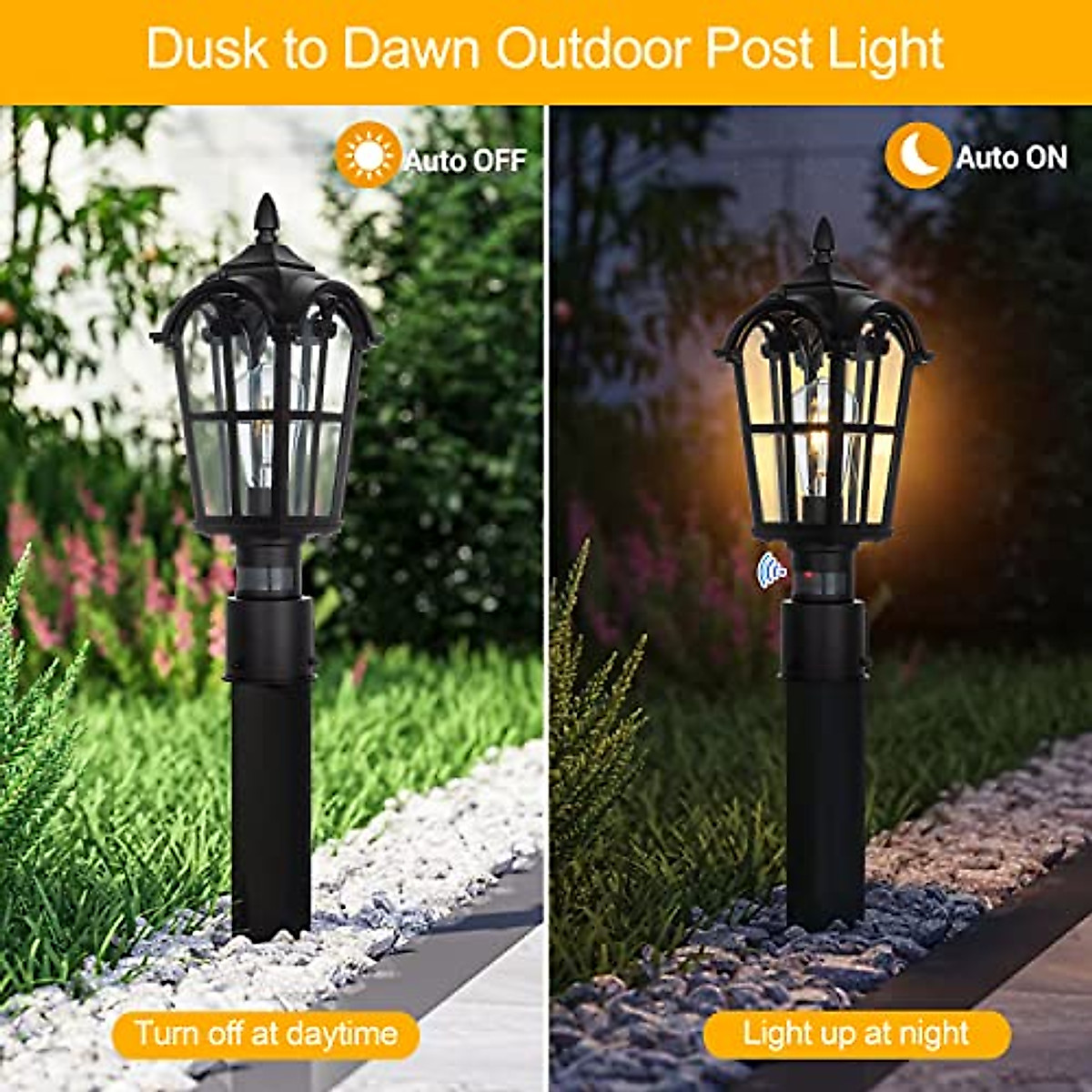 Dusk to Dawn Motion Sensor Outdoor Post Lights Exterior lamp Post Light Fixture, Waterproof Pole Lanern Black with Clear Tempered Glass for Garage Patio Garden Front Door