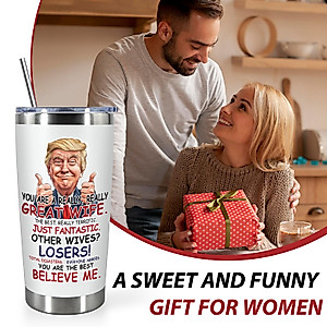 Paoren Funny Birthday Gifts, Great Wife Coffee Mug, 20oz Best Wife Gift Ever Tumbler with Lid and Straw for Wedding Anniversary, White