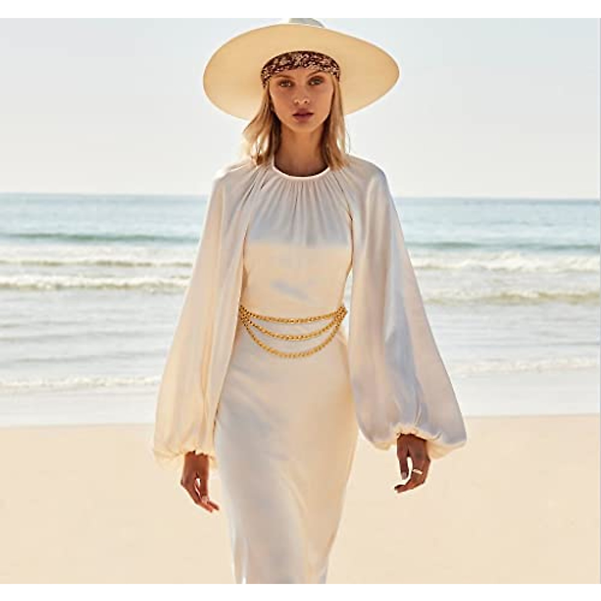 Suyi Skinny Stretch Belt Multilayer Metal Waist Belts Elastic Cinch Waistband for Women 70CM Gold