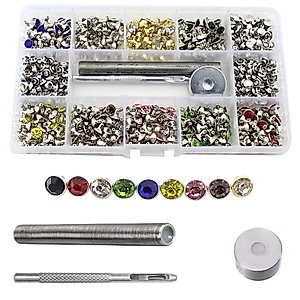 360 Sets 7mm Rhinestone Leather Rivets Kit Rapid Leathercraft Crystal Tubular Metal Studs with 3 Tools for Handmade DIY Decoration Accecssories