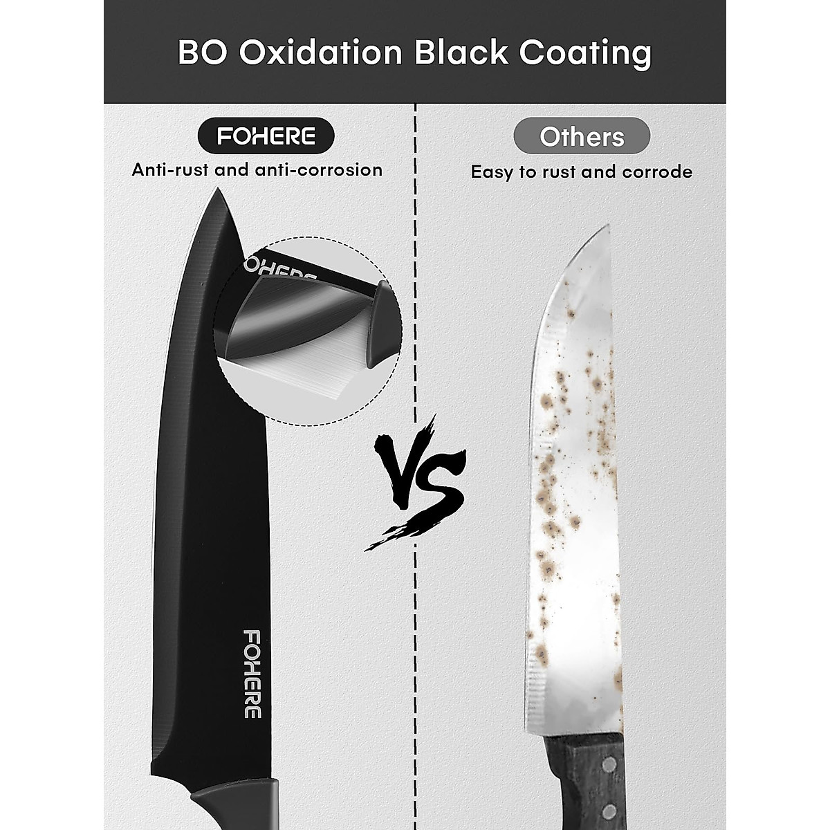 Knife Block Set, FOHERE 13 Pcs Self Sharpening Knife Set, High Carbon Stainless Steel BO Oxidation Knife Set with Anti-slip Handle, Dishwasher Safe, Matte Gray