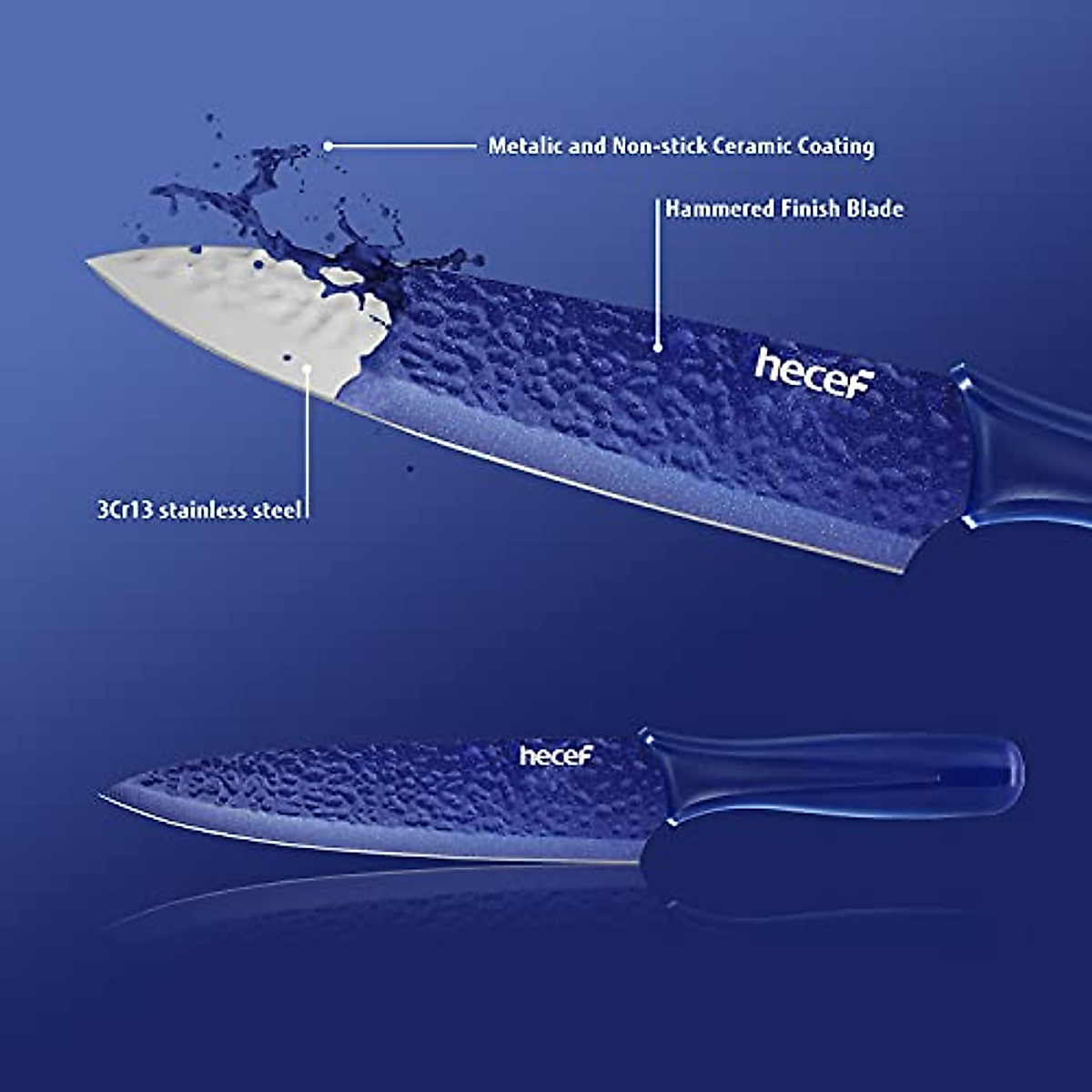 hecef Galaxy Blue Kitchen Knife Set of 5, Non-slip Metallic Ceramic Coated Chef Knife Set, Hammered Blade with Plastic Handle and Protective Blade Sheath