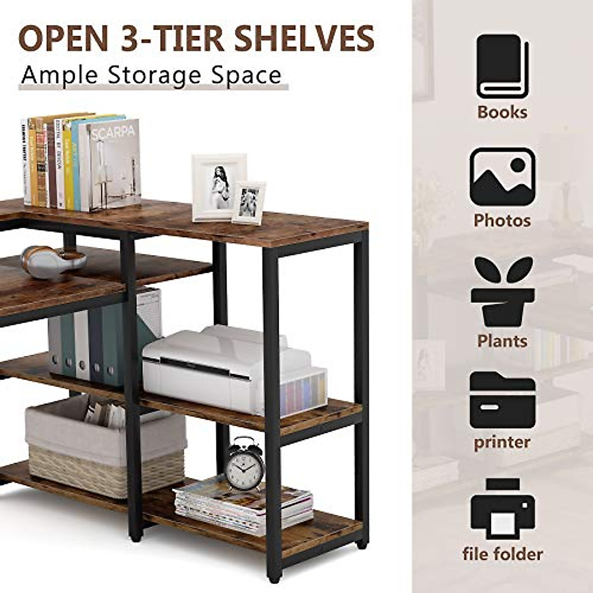 Tribesigns 55 Inch Reversible L Shaped Computer Desk with Storage Shelf, Industrial Corner Desk with Shelves and Monitor Stand, Study Writing Table for Home Office (55" D x 41" W, Rustic Brown)