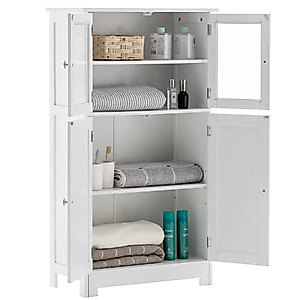 MELLCOM Bathroom Storage Cabinet, Floor Cabinet Cupboard, Wood Linen Cabinet with Doors and Adjustable Shelf,Wood Freestanding Cupboard for Living Room, Entryway, Kitchen, Ivory