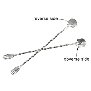 Pinenjoy 2Pcs Skull Bar Spoon and Fork with Spirial Pattern 9.8inch Long Handle 18/10 Stainless Steel Cocktail Shaker Spoon for Bartender Halloween Stirring Beverages
