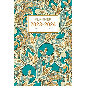 Planner July 2023-2024 June: 6x9 Medium Notebook Organizer with Hourly Time Slots | Creative Ethnic Flower Design Teal