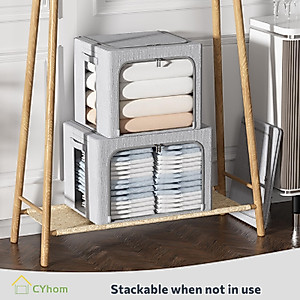 3Pack Foldable Storage Bins - Frame Storage Box Linen Fabric Stackable Clothes Container Organizer with Clear Window & Carry Handles Large Capacity (Large-66L, Light Grey)