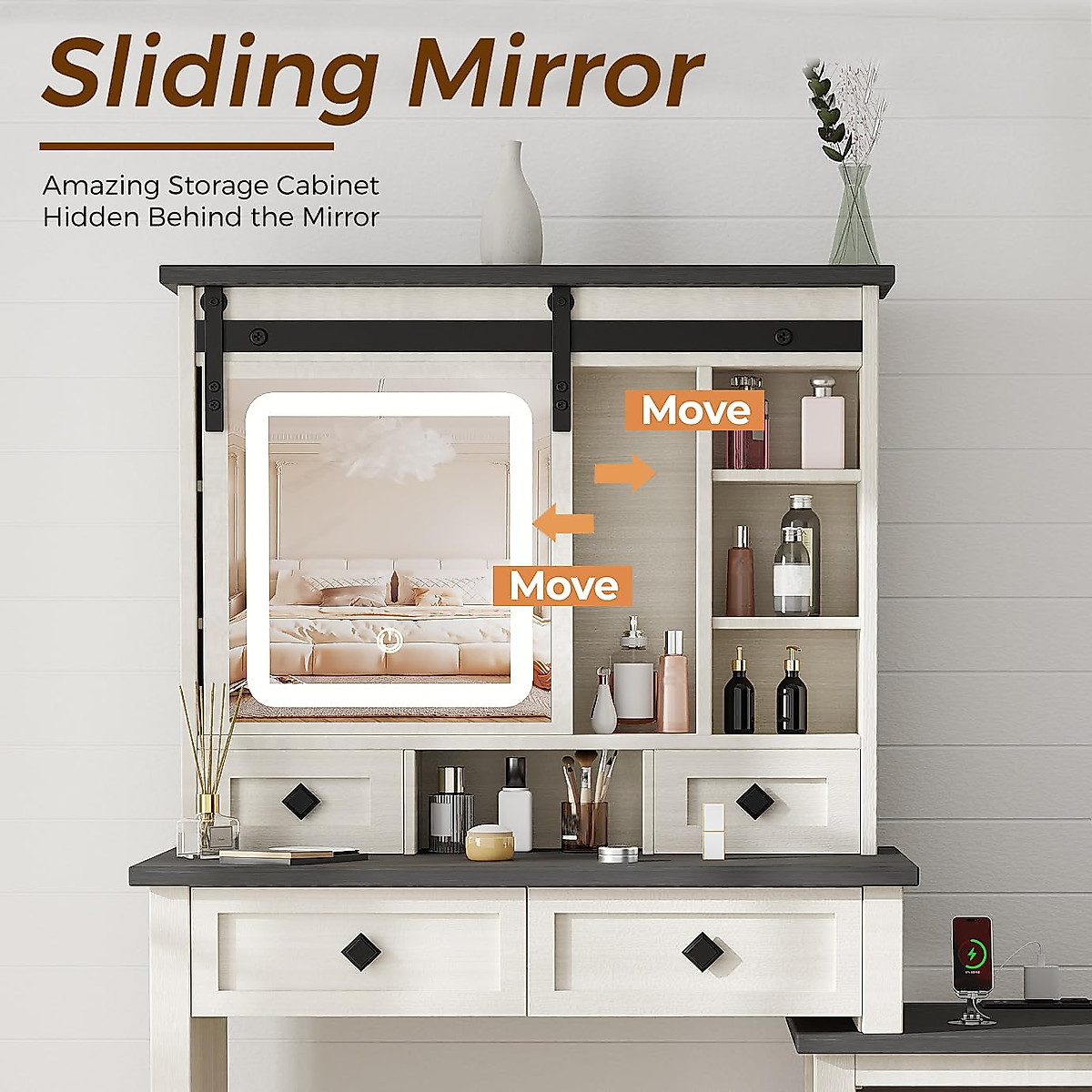 ANWBROAD Farmhouse Makeup Vanity Desk with Sliding Mirror and Lights Antique White Makeup Vanity Table Set with Charging Station Nightstand 3 Colors Lights Storage Shelves Cushioned Stool UBDT56W01