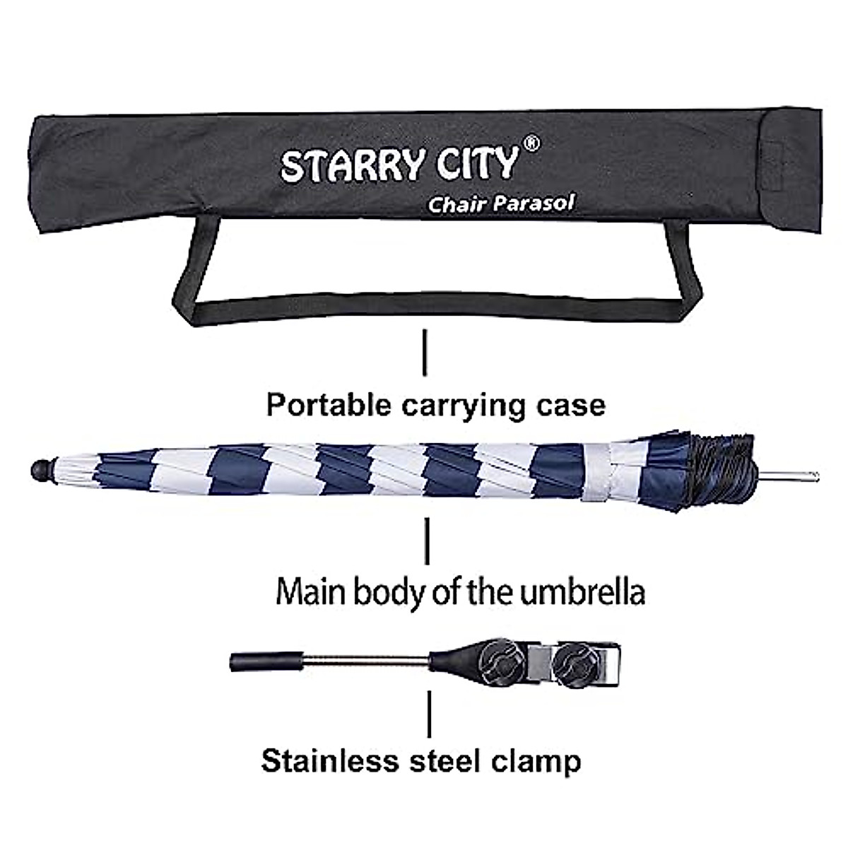 STARRY CITY Chair Umbrellas with Universal Adjustable Clamp,Clip on Parasol Sun Shade for Patio Beach Wheelchairs Golf Carts