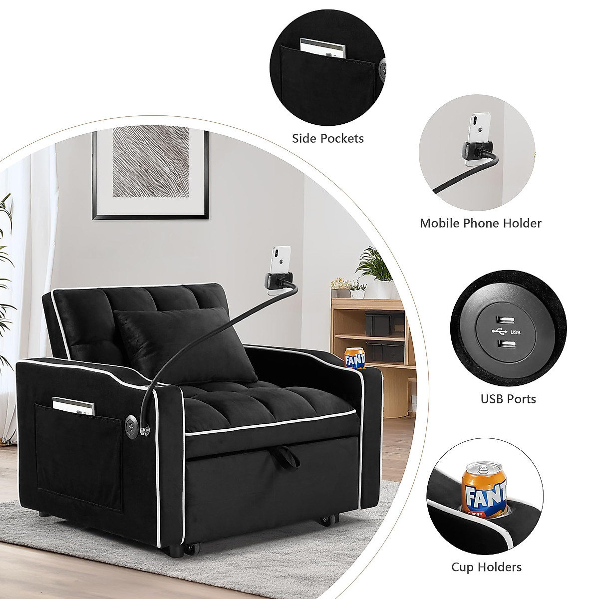 Setawix Convertible Chair Bed Sleeper, Tufted Velvet Pull Out Sleeper Chair with USB Ports & Phone Holder, Adjustable Armchair with Cup Holder Single Sofa Chair for Living Room Bedroom, Black
