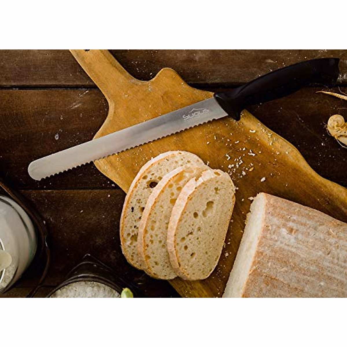 SUGUS HOUSE Professional 10 inch Serrated Bread Knife for kitchen with Ergonomic handles, Bread Cutter, Ultra-Sharp Stainless Steel – Perfect for Slicing Bread, Cake (10 inch Blade, Black)