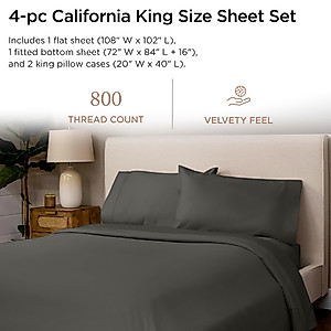 Threadmill Luxury 800 Thread Count California King 100% Cotton Sheets - Dark Grey Sateen Weave Bed-Sheets, Better Than Egyptian Cotton,4 Pc Solid Bedding Set, Fits 16" Deep Pocket