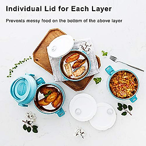 Lille Home 75OZ Stainless Steel Stackable Compartment Lunch/Snack Box, 3-Tier Bento /Food Container with Lunch Bag, Leakproof, Smart Diet, Weight Control (Blue)