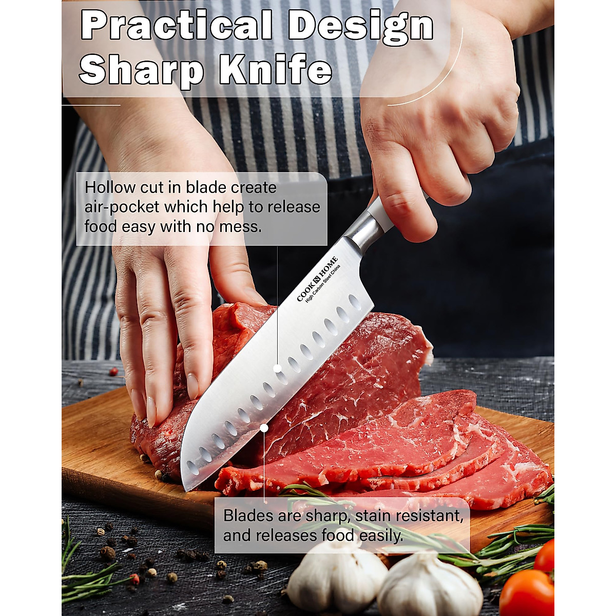 Cook N Home Kitchen Knife Set with Bamboo Storage Block 15-Piece, High Carbon Stainless Steel Blade, White