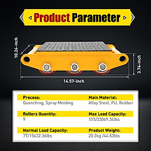 Surneis 15T Machinery Skate Dolly Machinery Roller Mover Heavy Duty Machine Dolly Skate 33000lbs Machinery Mover Industrial Mover for Homes, Decoration, Construction Sites (Yellow)