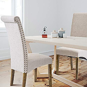 Merax Dining Chair Set of 2 Fabric Padded Side Chair with Solid Wood Legs, Nailed Trim (Light Beige)