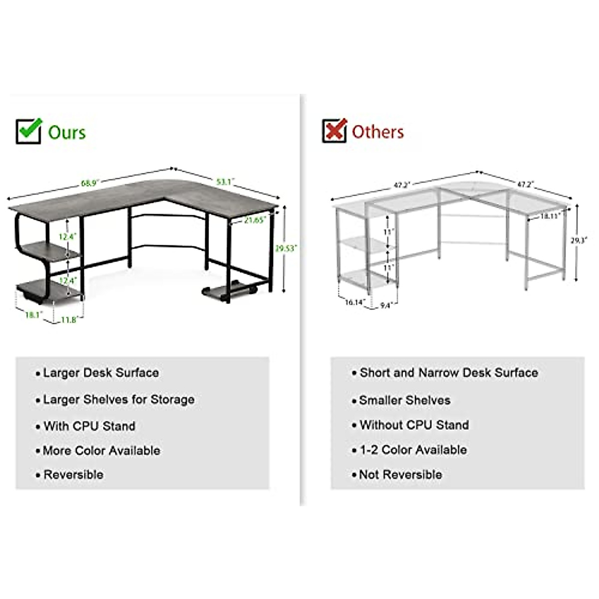 Teraves Reversible L Shaped Desk with Shelves 69“ Corner Computer Desk Gaming Desk Workstation for Home Office