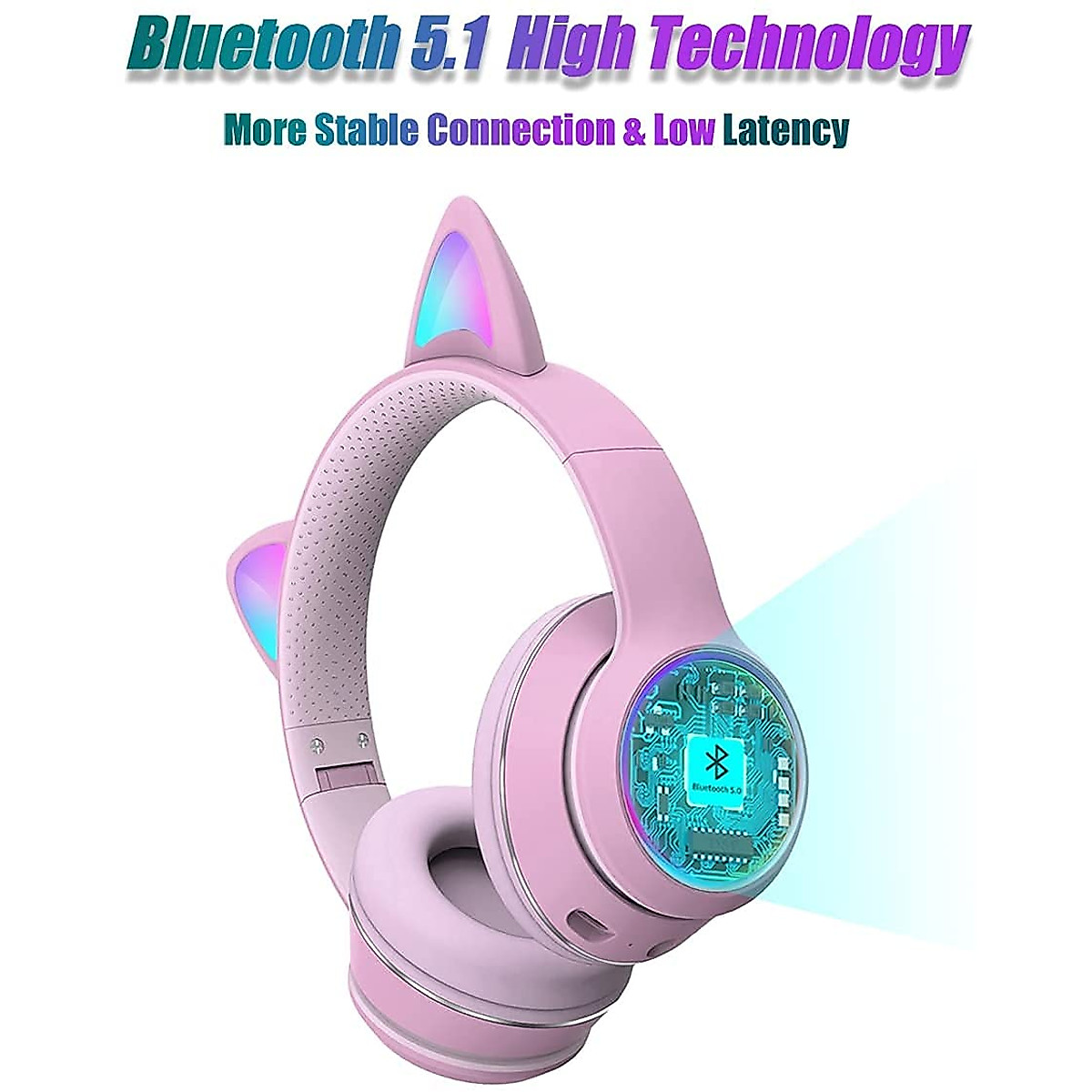 Zuri Sana Cat Ear Gaming Bluetooth 5.2 Wireless Foldable Headphones with LED Light, Over Ear Stereo Sound Music Headsets with Microphone AUX for PC TV Pad Cellphone Laptop Game Kids Adults Gift
