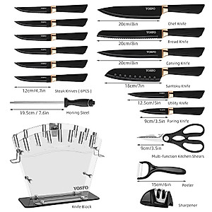 Knives Set with Acrylic Stand, 17Pcs Stainless Steel Knife Block Set includes Serrated Steak Knives Set, Chef Santoku Knives, Scissor, Sharpener and Knife Holder (Black Knife Set with Block)