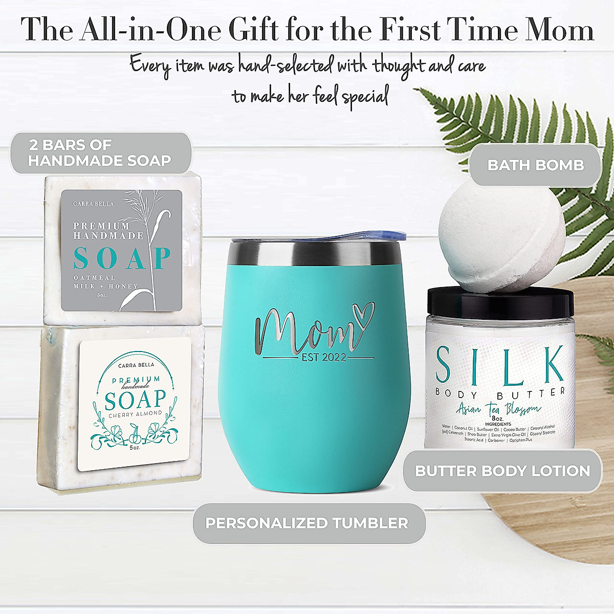 New Mom Gifts for Women - Pregnancy Gifts for First Time Moms to Be Gift - Mom Est. 2022 Spa Bath Box Set w/ Mint Tumbler - First Mothers Day Gifts for New Mom